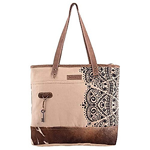 SIXTEASE Tote Bags for Women Large Tote Bag with Zipper Top - Genuine Leather Strap, Upcycled Canvas, Rug, Hair On and Hardware Accents - Vintage Style Hand Stitched - Emblem