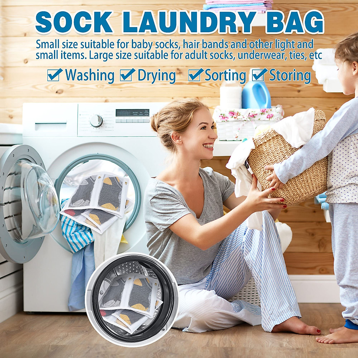 GOCOHHI 4 Pcs Sock Laundry Bag, Socks Organizer Mesh Bags for Washing Machine, Large Wash Bag Hanging for Stocking Underwear Bra Lingerie, Travel Organizer for Adults & Children, 28 Pockets