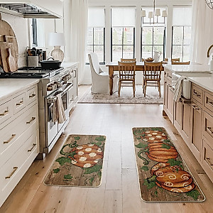 Artoid Mode Wood Dot Pumpkin Leaves Fall Kitchen Mats Set of 2, Autumn Home Decor Low-Profile Kitchen Rugs for Floor - 17x29 and 17x47 Inch