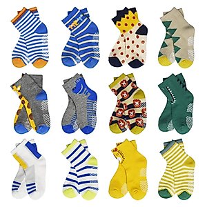 HYCLES Toddler Socks With Grip Non-Skid 12 Pairs Baby Kids Sticky Slipper Cotton Crew Socks 3-5T Children/Boy/Girl
