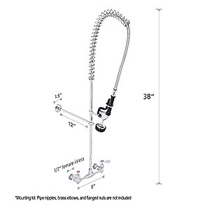 DuraSteel Commercial Kitchen Wall Mount Pre-Rinse Faucet, 38" Height 8" Center with Coiled Spring Pull Down Sprayer, Brass Constructed Polished Chrome Body, 1 Set