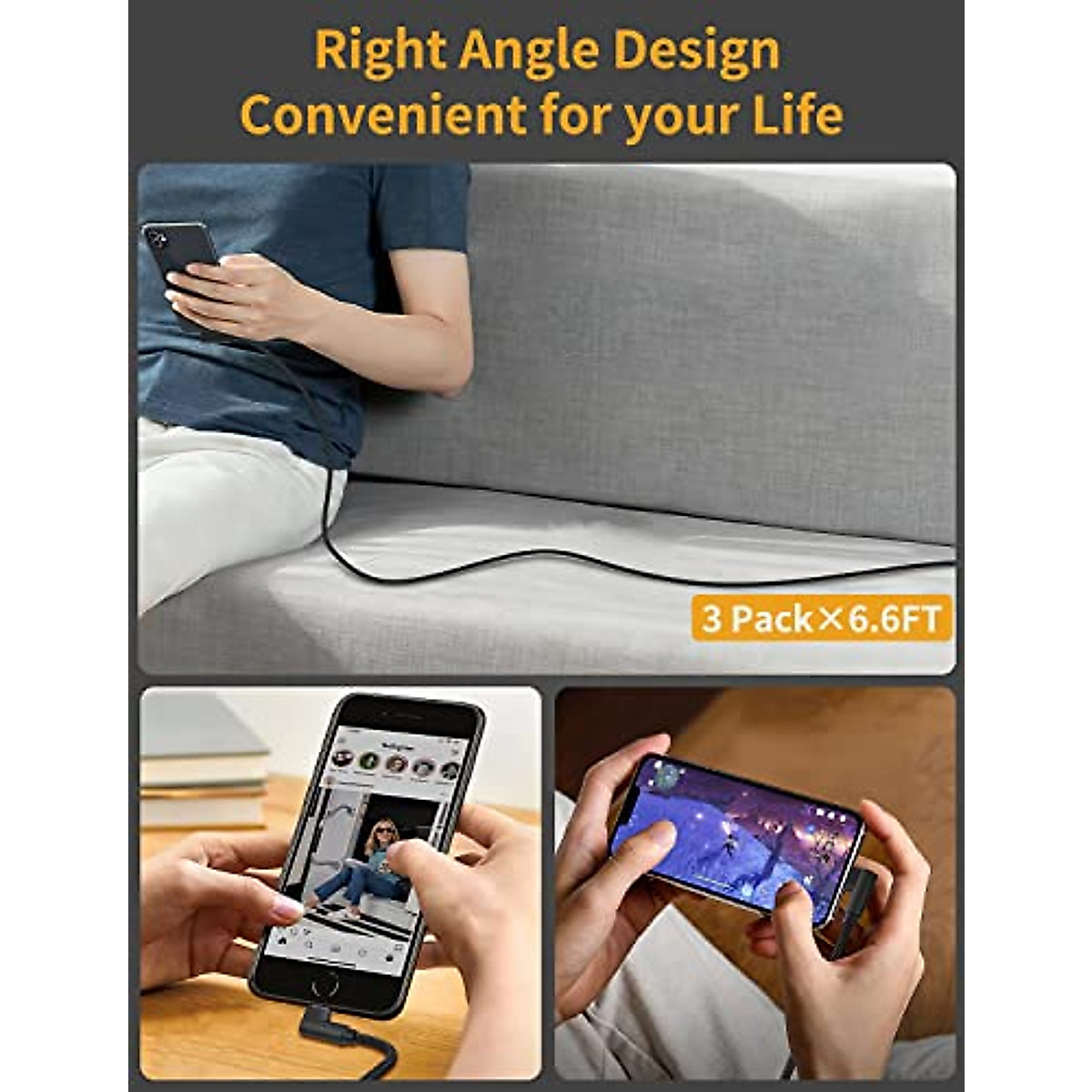 6.6FT iPhone Charger 90 Degree,[Apple MFi Certified] 3Pack USB to Lightning Cable Right Angle,Nylon Braided iPhone Fast Charging Cord for iPhone 14 13 12 11 Pro Max XR XS X 8 7 6 Plus SE iPad Air Mini