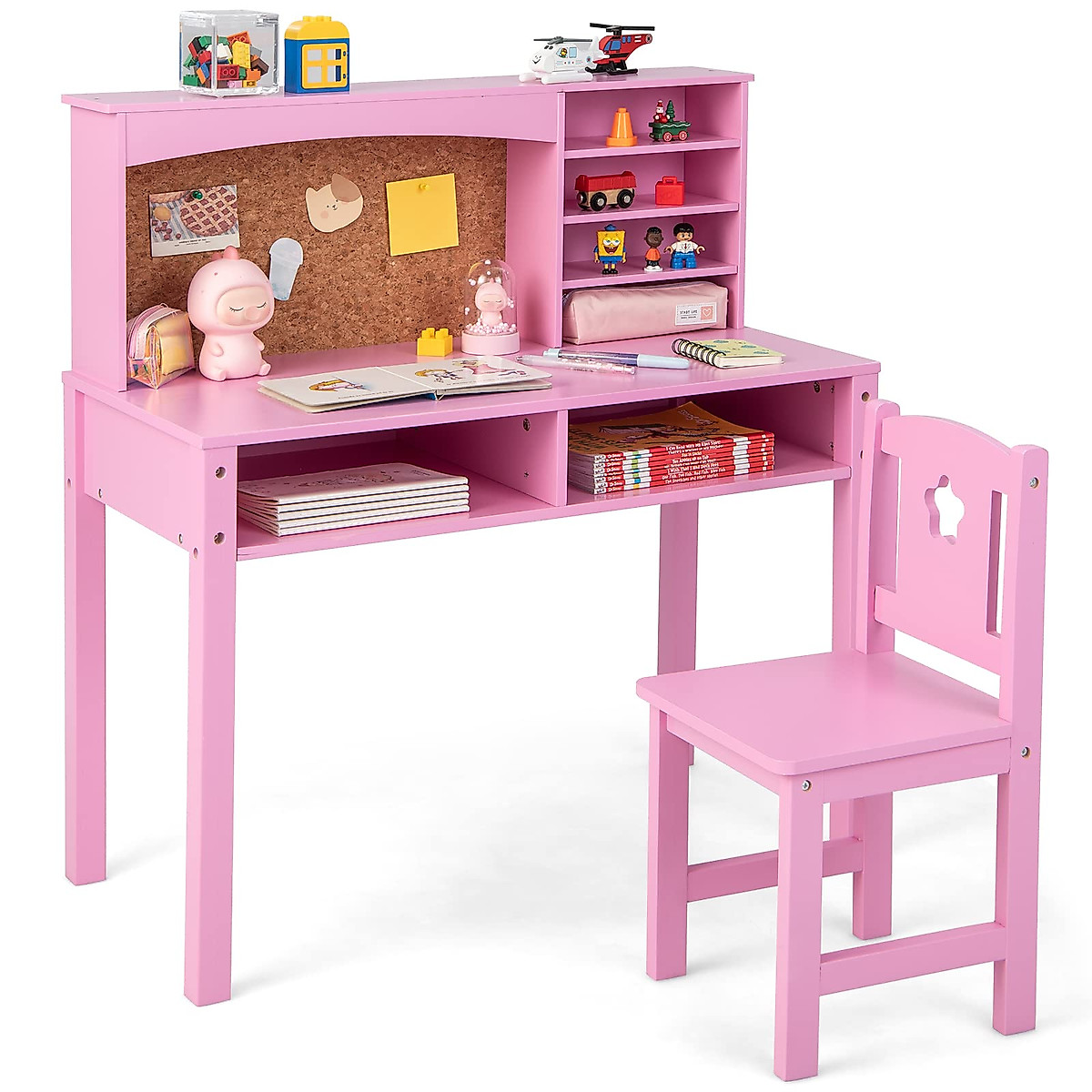 Costzon Kids Desk and Chair Set, Wooden Study Desk for Kids with Storage, Hutch, Cork Bulletin Board, Student Writing Computer Workstation, Kids Desk for Study Room, Bedroom, School, Pink