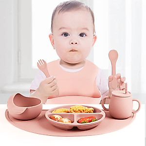 Silicone Baby Feeding Set, Baby Led Weaning Supplies with Suction Plates, Bowls Toddler Self Feeding Dish Set with Spoons Forks, Feeding Mat