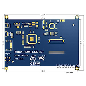 waveshare 5" 800×480 Resistive Touch Screen LCD TFT Monitor for Raspberry Pi 4B/3B+/3B/2B/A+/Zero/Zero W/WH, PC Windows 10/8.1/8/7, Driver Free