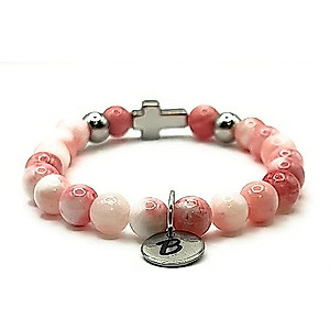 Women's Cross Bracelet with Initial Charm, Pink White Jade Semi Precious Stones (7, Pink White Jade)