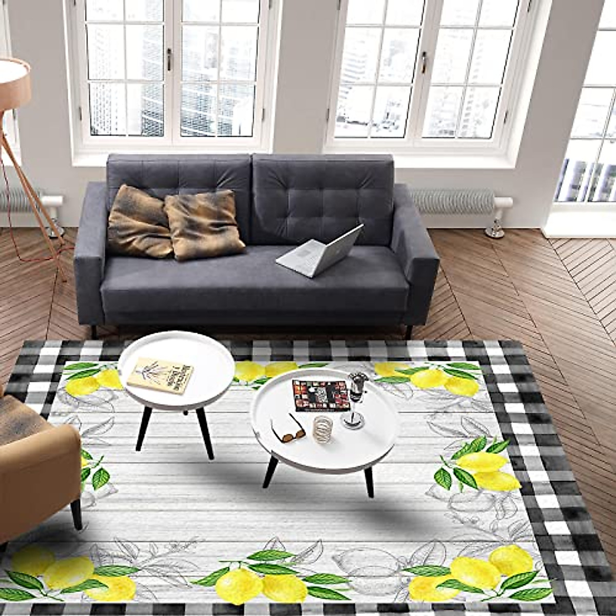 AmbeHome Large Area Rug 5' x 7' Bedroom Rugs, Lemon Runner Rug Non Slip Kitchen Rug Washable Floor Carpet Mat for Living Room Bathroom Outdoor Summer Farmhouse Wooden Grain Checkered