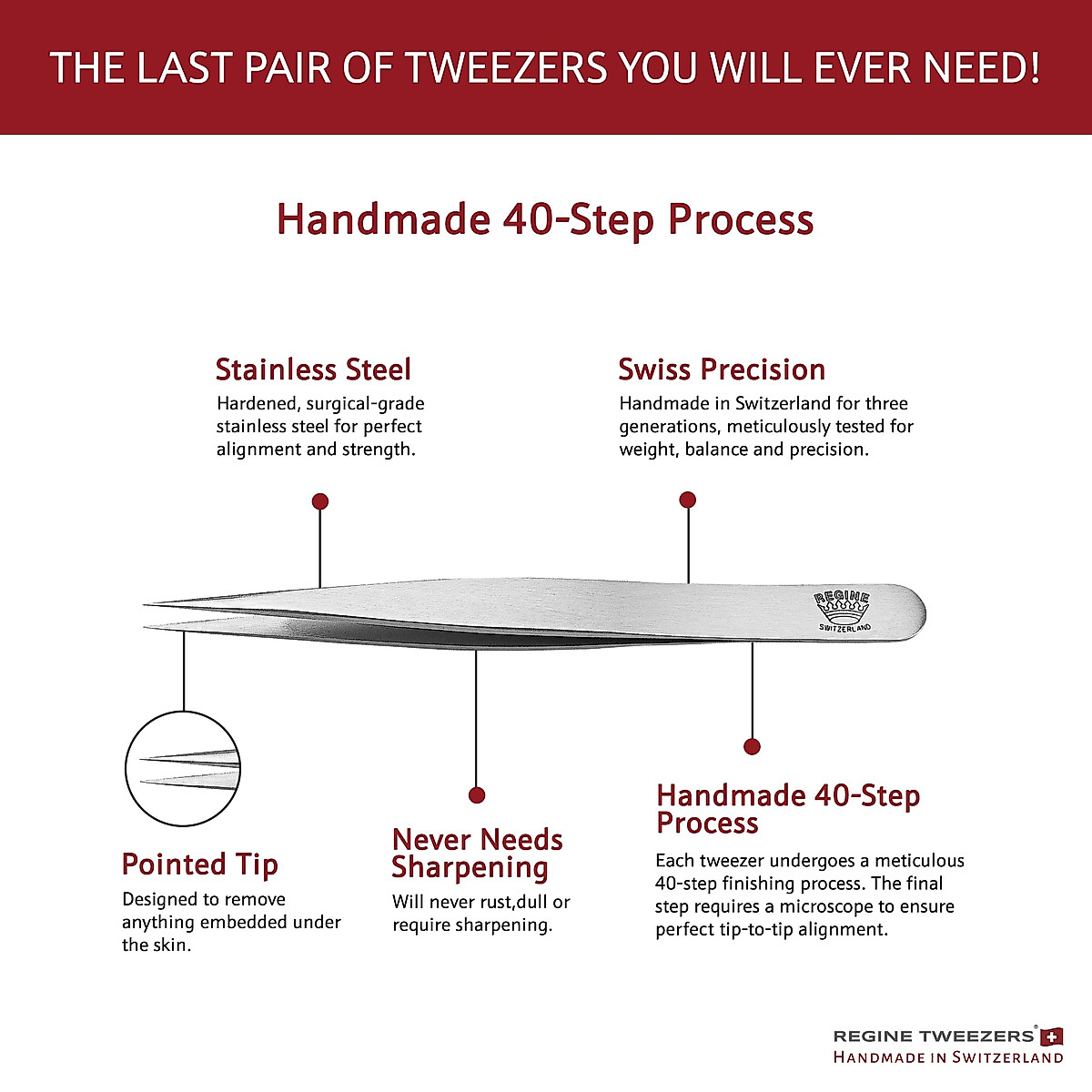 Regine Switzerland Splinter Tweezers – Professional Tweezer with Precision Point Needle Nose for Splinter, Ingrown Hair & Glass Extraction – Stainless Steel Sharp Tool for Men & Women – Silver