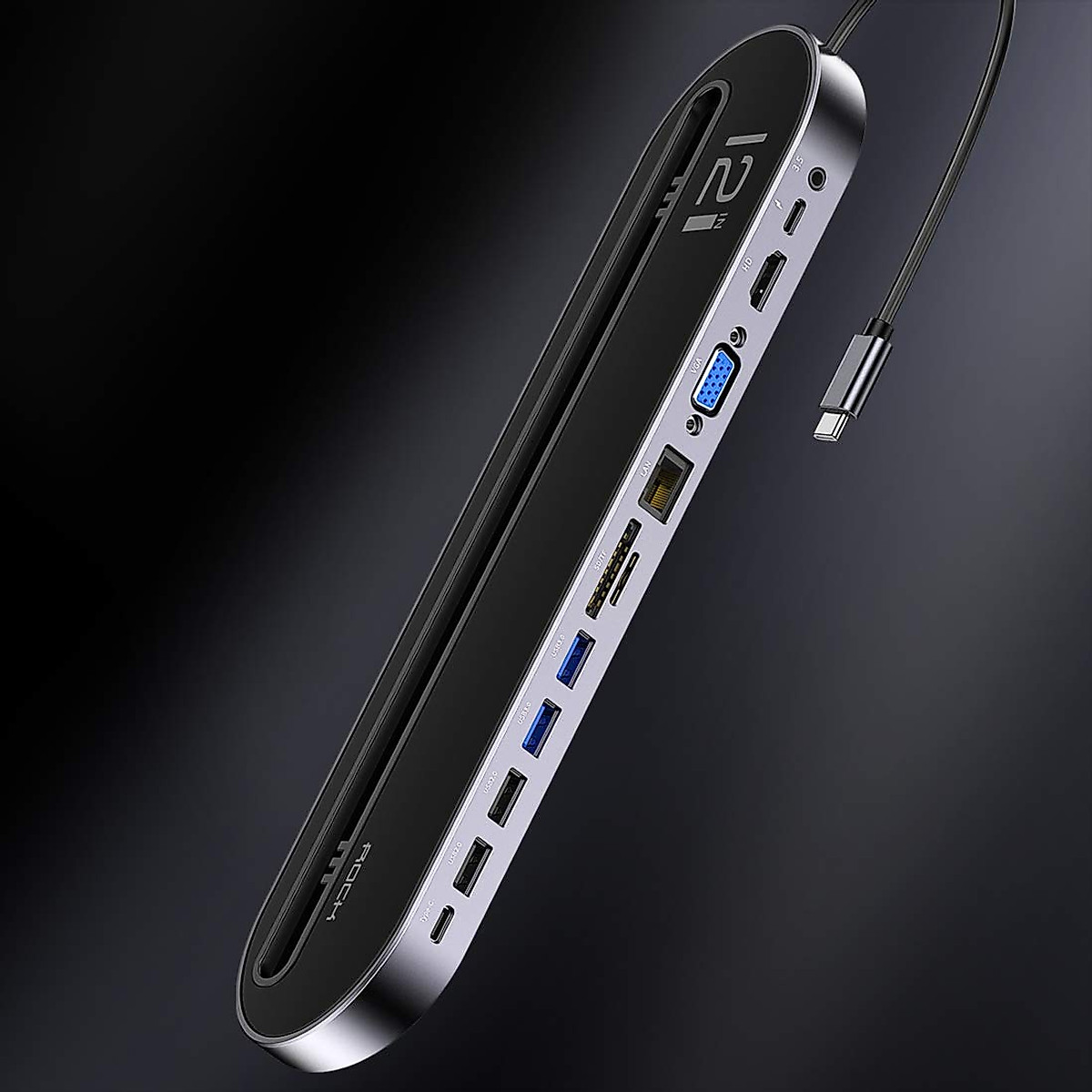 USB Hub Portable USB Hub RCB0724 12 in 1 3 USB-C/Type-C + 2 USB 2.0 + 2 USB 3.0 + RJ45 Gigabit Ethernet Port + VGA + HDMI Multi-Function HUB Laptop Stand Base with SD/TF Card Slot & 3.5mm Jack