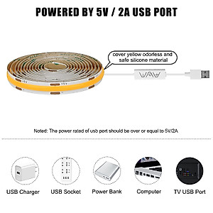 Tatazone 5V Yellow USB COB Led Strip Light with RF Remote, 4.92ft 2000K Dimmable USB Powered Amber COB Led Light Strip, Indoor COB Led Rope Light for Cabinet, TV, Kitchen, Monitor, Showcase