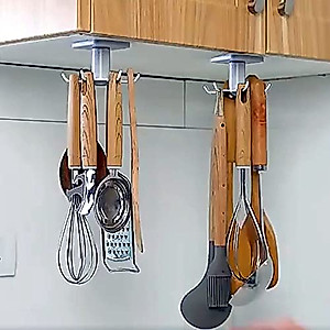 Beecora Under Cabinet Storage Hooks – Multi Hook Adhesive Hanger for Hanging Kitchen Utensil Spoon Spatula Holder Rack for Jewelry Keys Home Office Shelf Kids Bath Room Beauty Organizer [2PK Grey]