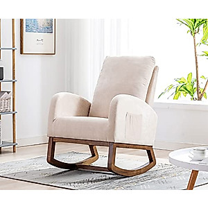 Antetek Modern Accent Rocking Chair, Upholstered Nursery Glider Rocker for Baby and Kids, Comfy Armchair with Side Pocket, Living Room Lounge Arm Chair with High Backrest (Beige)
