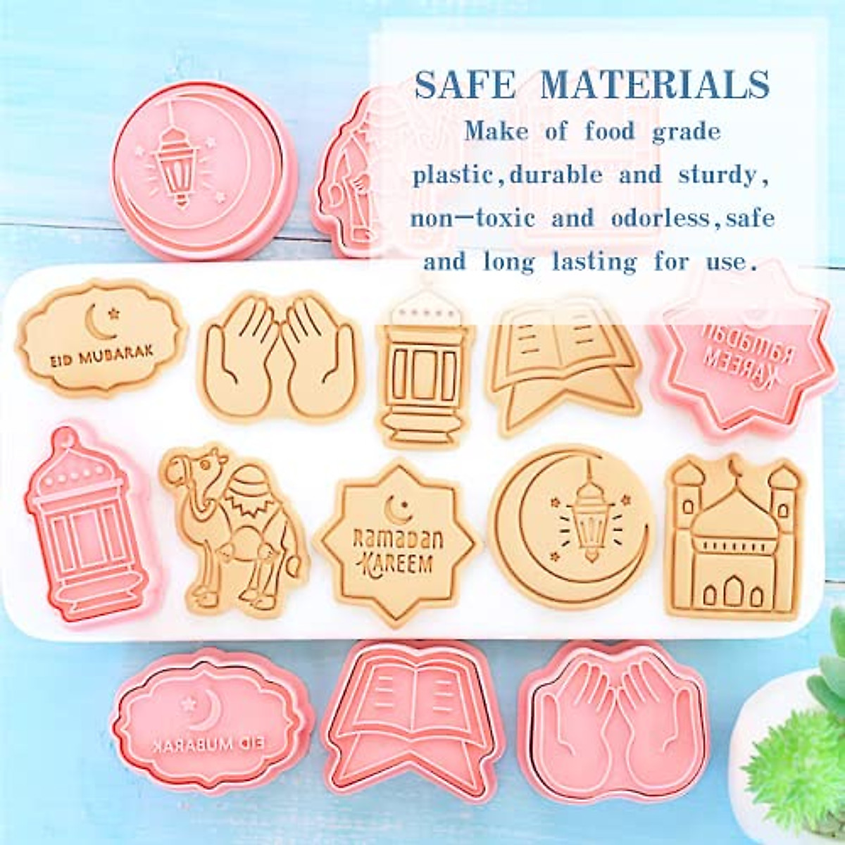 Crethinkaty Eid Mubarak Cookie Cutters-8 Pieces Pressable Eid Mubarak Biscuit Cutters Set-3D Eid Element Cookie Stamps.