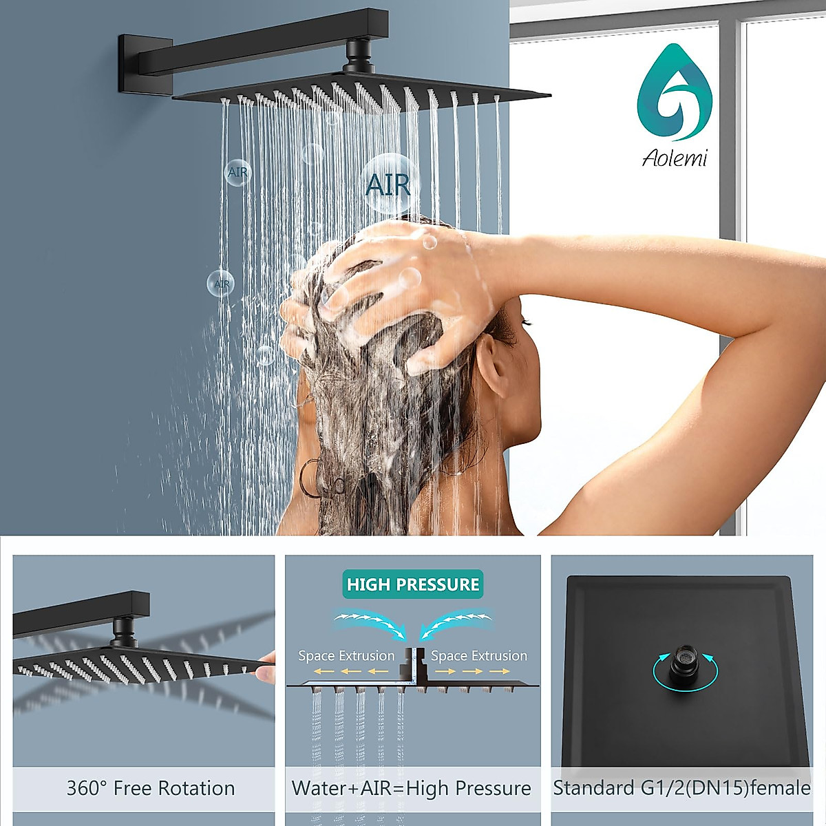 Aolemi Shower System with Rainfall Shower Head and Handheld,High Pressure Shower Faucet Set Fixture Combo with 2 in 1 Handheld Spray Rough-in Valve Included,Wall Mount 12 Inch Matte Black