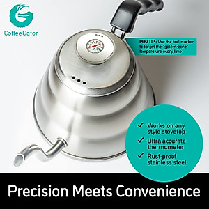 Coffee Gator 34oz Stainless Steel Gooseneck Kettle with Thermometer, 4 Cup