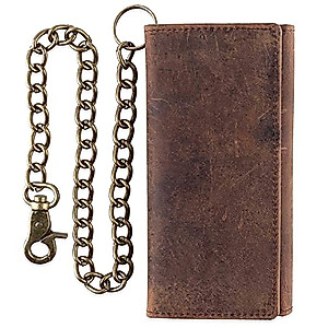 F&L CLASSIC RFID Blocking Mens Tri-fold Long Style Cowhide Leather Steel Chain Wallet,buffalo vintage leather