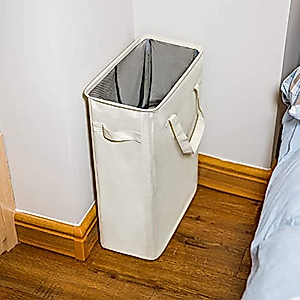 ZERO JET LAG Slim Laundry Hamper Beige and Grey Handles Collapsible Laundry Basket Thin Dirty Clothes Basket Narrow Laundry Bag Foldable Dirty Hamper