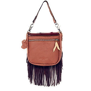 Western Genuine Leather Indian Head Cowgirl Crossbody Messenger Fringe Purse Bag in 4 colors (Brown)