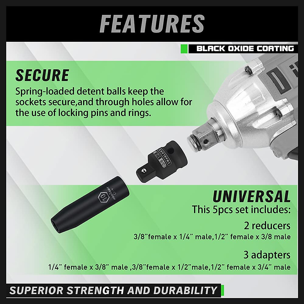 SWANLAKE 5-Piece Impact Socket Adapter Set, 1/4, 3/8, 1/2" SAE Socket Adapter, Cr-V Steel Impact Adapter Set