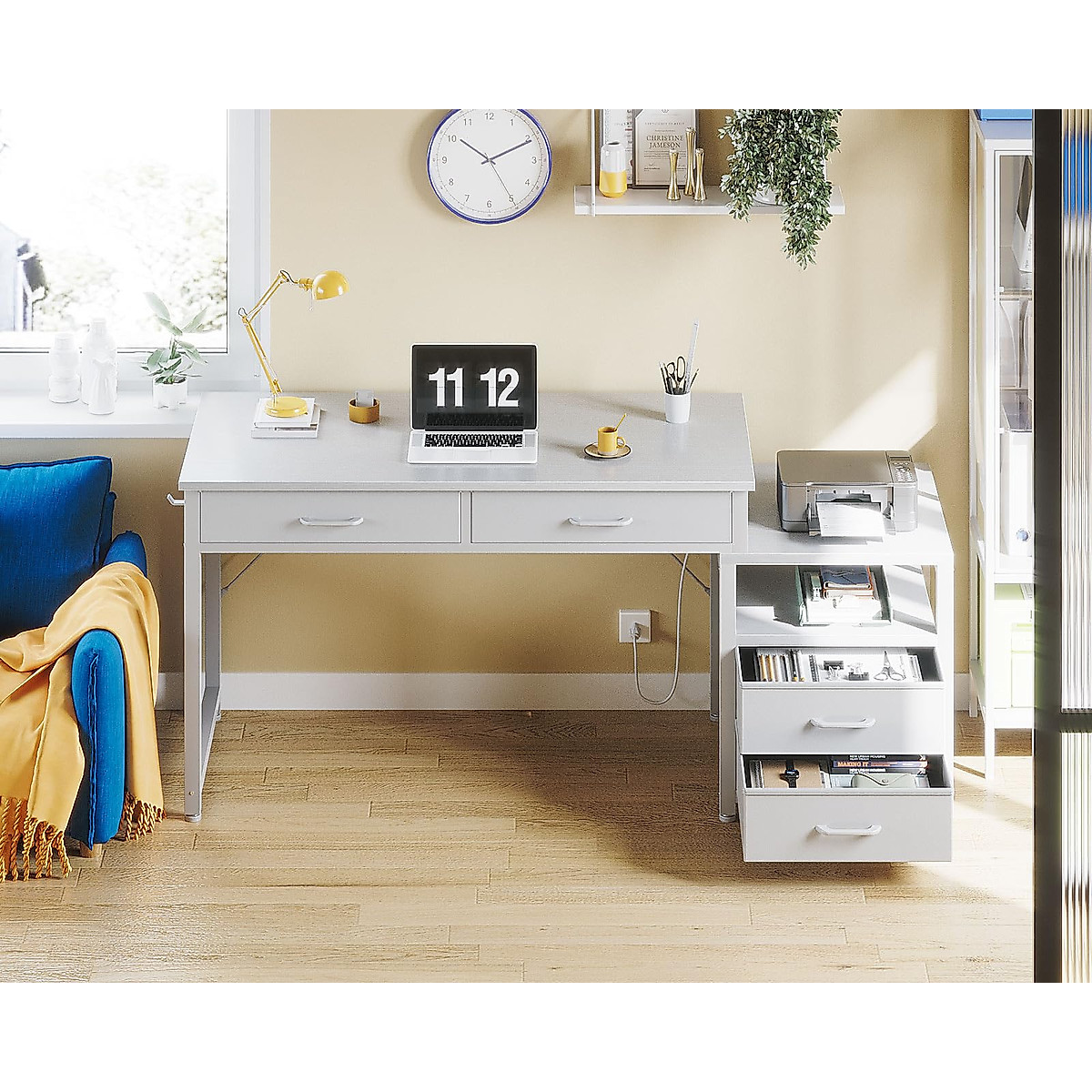 AODK Computer Desk with 4 Drawers and USB Power Outlets, Reversible Home Office Desk with Printer Stand, Small Desk with Storage Shelf, Study Writing Work Table for Bedroom, Vanity Desk, White, 53"