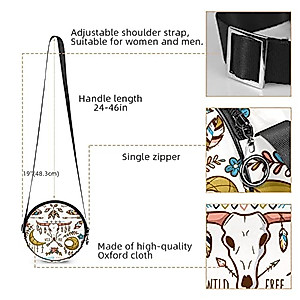 Boho Wild Animal Skull Head Feather Crossbody Bag for Women Teen Girls Round Canvas Shoulder Bag Purse Tote Handbag Bag