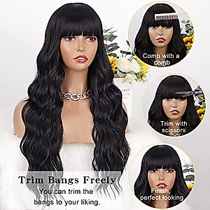 AISI QUEENS Black Wig with Bangs, Long Black Wavy Wigs for Women Synthetic Wigs Natural Black Curly Hair Wig for Girls Daily Party Use