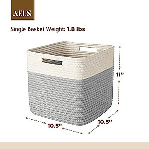 AELS Hand Woven Cotton Baskets for Storage, Cube Storage Bins with Handles, Foldable Collapsible Closet Organizers and Storage, Boho Farmhouse Storage Cubes for Shelves, Beige and Gray