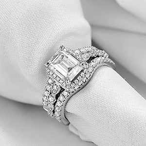 DovEggs Moissanite Engagement Rings for Women Center 3ct 7X9mm G-H-I Color Emerald Cut Moissanite Hidden Halo Engagement Ring Curved Enhancer Guard Wedding Band 14k Gold QUALITY Sterling Silver(7)