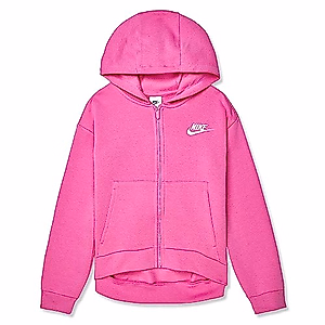 Nike Girl's Sportswear Club Fleece Full Zip Hoodie (Little Kids/Big Kids) Active Fuchsia/White L (14-16 Big Kid)
