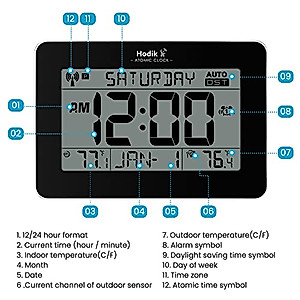 HODIK Atomic Clock with Indoor Outdoor Temperature Wireless, Large 11.4 Inch LCD Display for Easy Reading, Self-Setting Battery Powered Table Clock or Wall Clock with High Precision Sensor