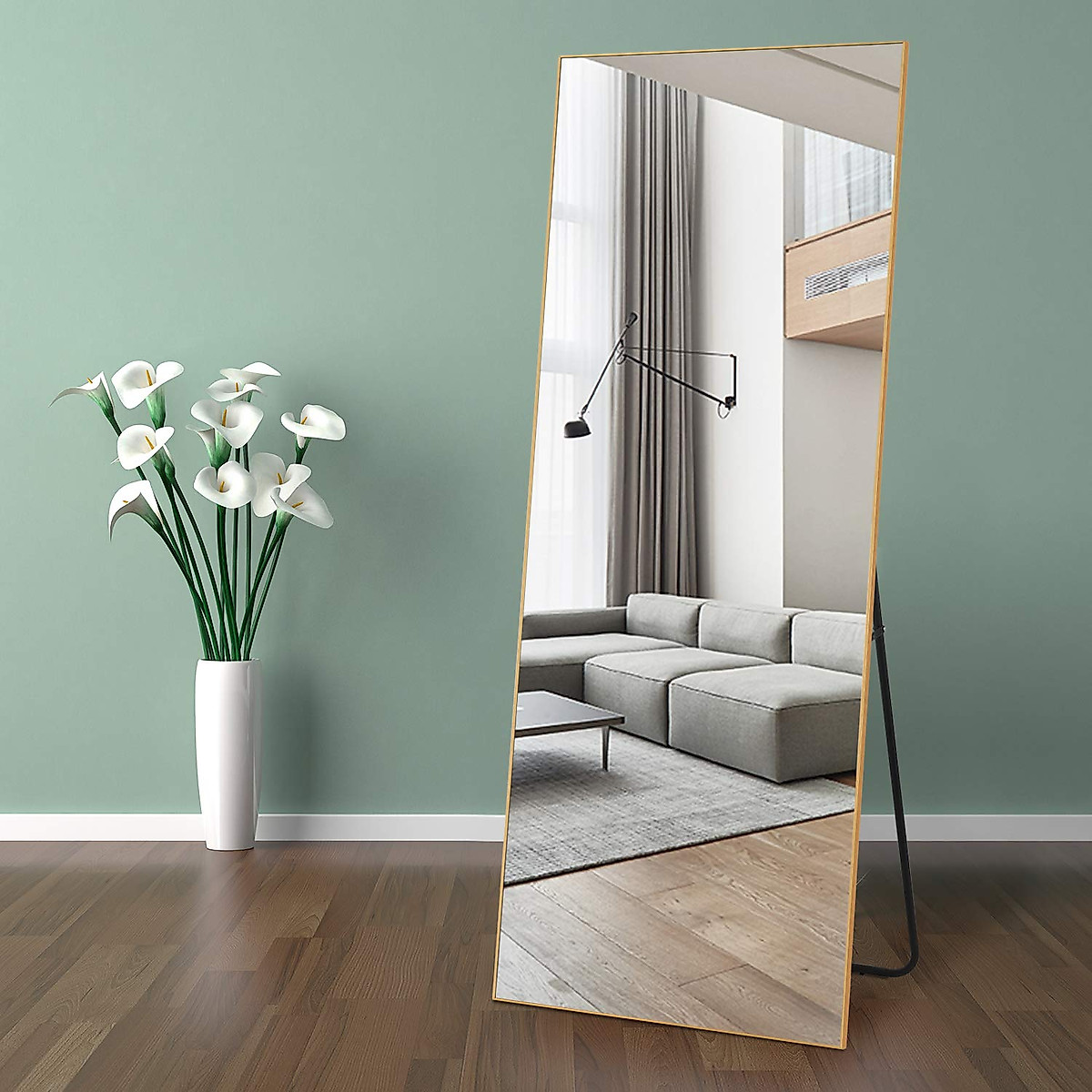 self Full Length Floor Mirror 65"×22" Metal Aluminum Alloy Frame Floor Mirror with Standing Holde Standing Hanging or Leaning Against Wall Mirror,Golden