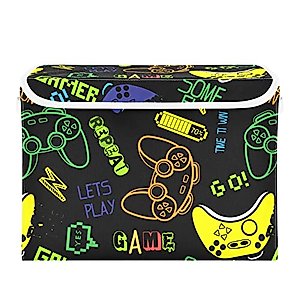 DOMIKING Joysticks Video Game Large Storage Bin with Lid Collapsible Shelf Baskets Box with Handles Organizing Container for Shelves Cabinet Nursery Drawer