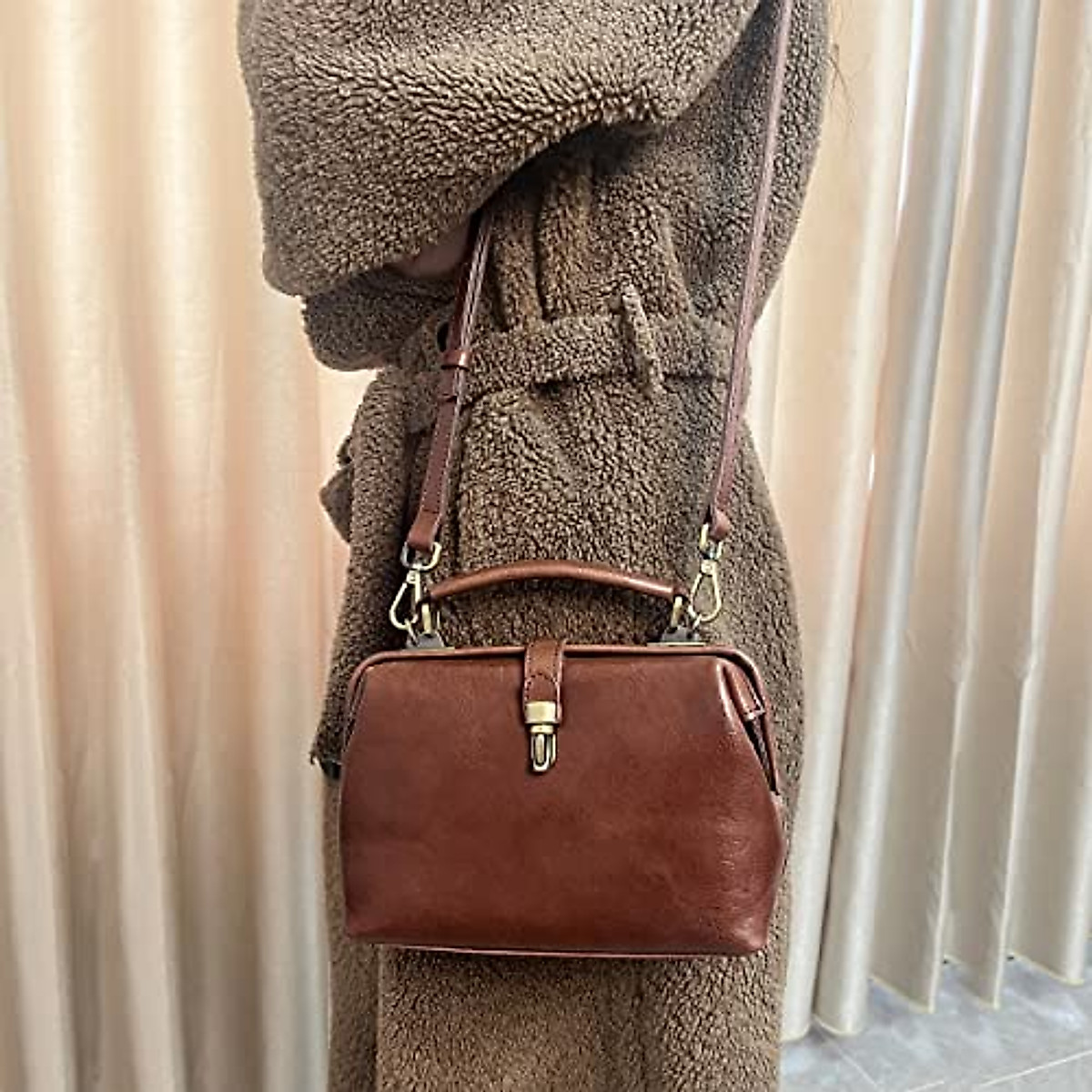 Leather Bags Purses and Handbags Shoulder Bags for Women Soft Leather Ladies Crossbody Bag & Carry Bag Doctor Bag Retro Style (Dark Brown)