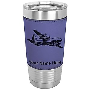 LaserGram 20oz Vacuum Insulated Tumbler Mug, Cargo Airplane, Personalized Engraving Included (Faux Leather, Dark Purple)