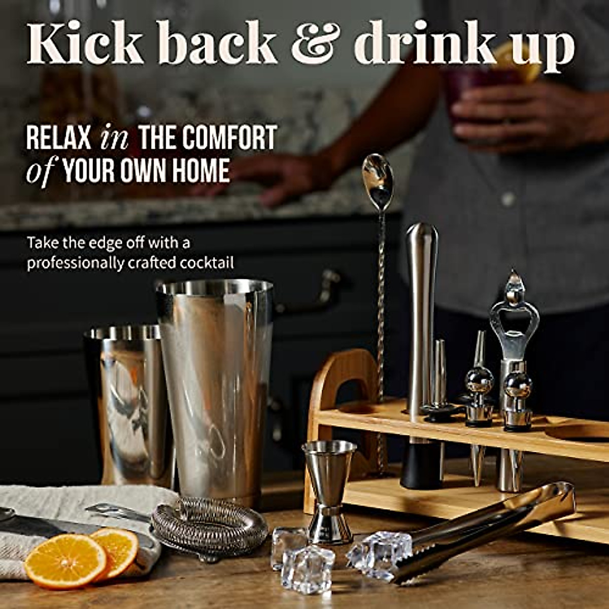 Mixology & Craft Bartender Kit - 13 Piece Set Including Stainless Steel Cocktail Making with Bar Stand & Boston Shaker, Perfect for Drink Mixing at Home, Plus Exclusive Recipe Cards