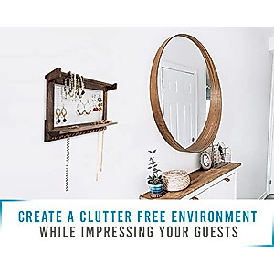 Rustic Jewelry Organizer – Wall Mounted Jewelry Holder with Removable Bracelet Rod, Shelf and 16 Hooks – Perfect Earrings, Necklaces and Bracelets Holder – Vintage Jewelry Display – Torched Brown