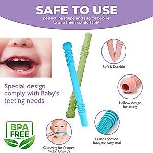 Samar Valley Teething Tubes - Pack of 4 Safe Silicone Baby Straws with Cleaning Brush and Different Surfaces/Colors for Healthy Molar Growth, Color Recognition, and Motor Control