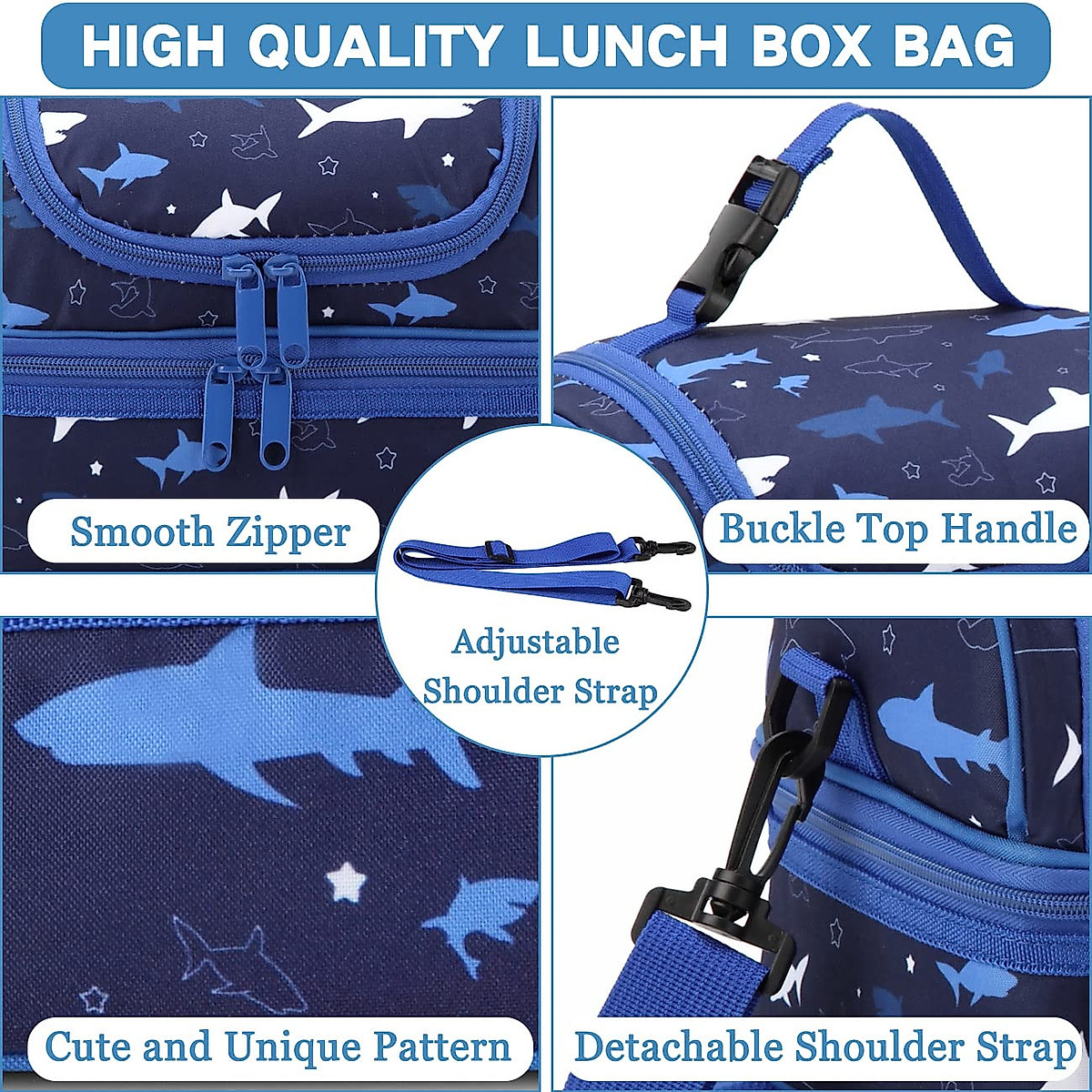 VASCHY Lunch Box Bag Kids, Insulated Two Compartments Cooler Bags for Boys Girls w Shoulder Strap for School,Daycare,Kindergarten,Picnic Shark