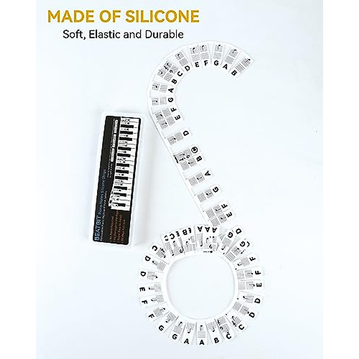 BEATBIT Piano Notes Guide for Beginner, Removable Piano Keyboard Note Labels for Learning, 88-Key Full Size, Made of Silicone, No Need Stickers, Reusable and Comes with Box (Classic Black）