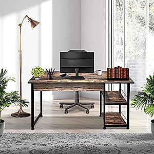 BROWN-BROWN Computer Desk Home Office Desk 2 Tier Shelves Sturdy Laptop Desk Professional Personal Workstation Rustic Brown