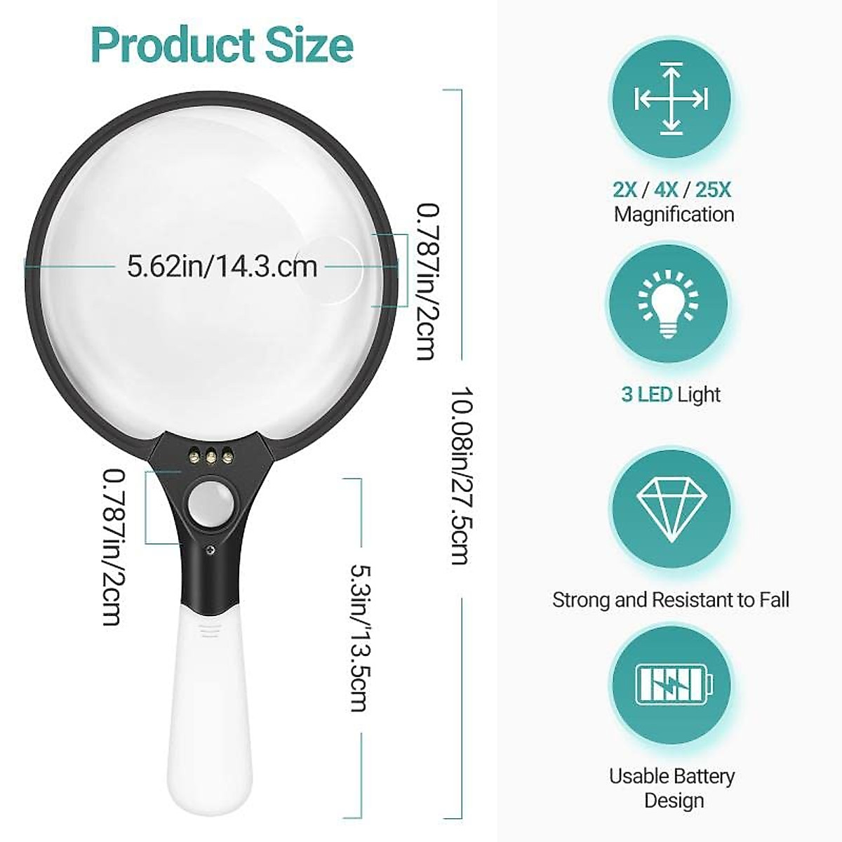 Magnifying Glass with Light, 5.5 Inch Large Magnifier 2X 4X 25X Zoom Magnifying Glass Lens with 3 Bright LED Illuminated Lighted Handheld Magnifier for Seniors Reading, Stamps, Map