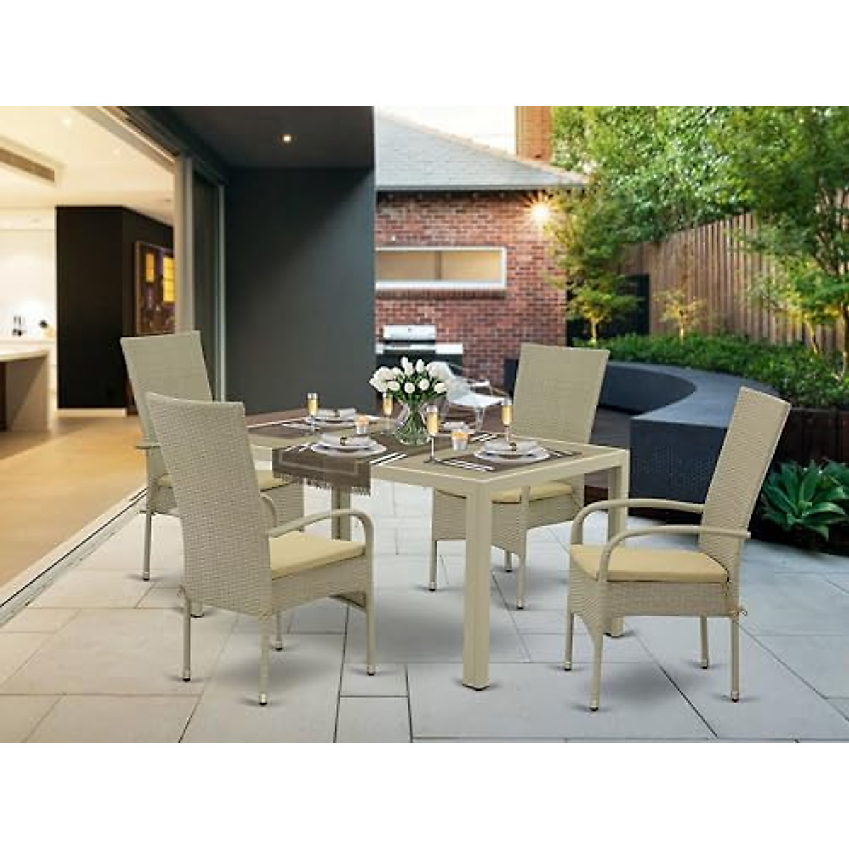 East West Furniture JUOS5-03A 5 Piece Patio Furniture Sets Wicker Outdoor Set Includes a Rectangle Dining Table with Glass Top and 4 Balcony Armchair with Cushion, 36x60 Inch, Natural Linen