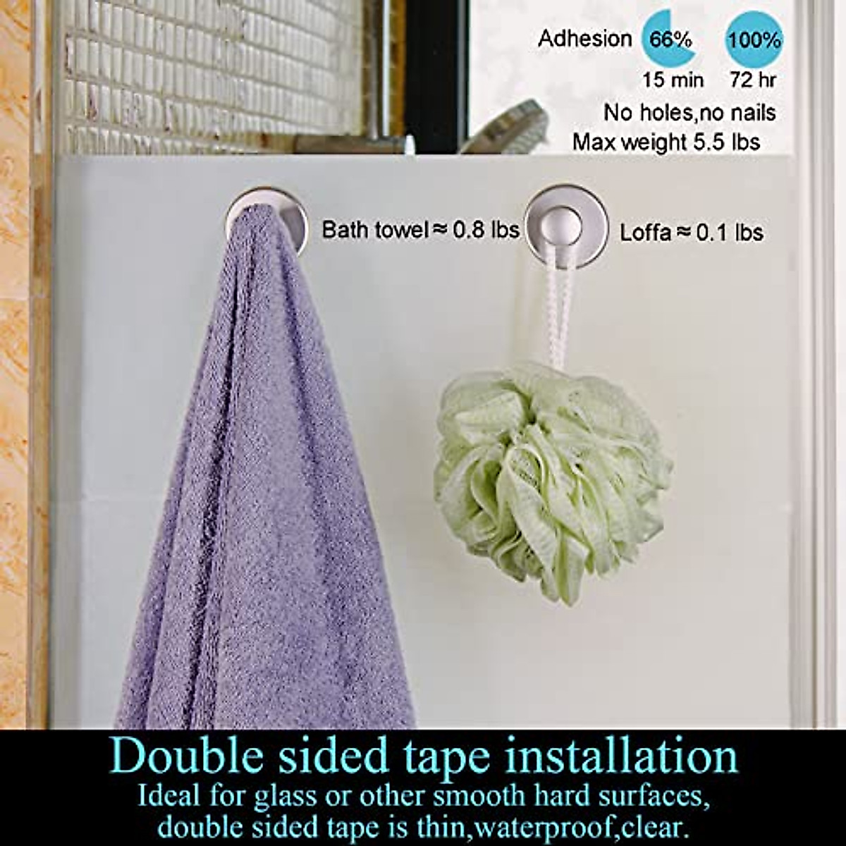 HIKIYEAT Solid Aluminum Towel Hook,Wall Hooks,Adhesive and Screw Installation,2 Pack,Heavy Duty,Hanging Robe,Loofah Holder,Minimalist Design,Door Hanger,for Glass Shower Bathroom,Coat(Matte Silver)