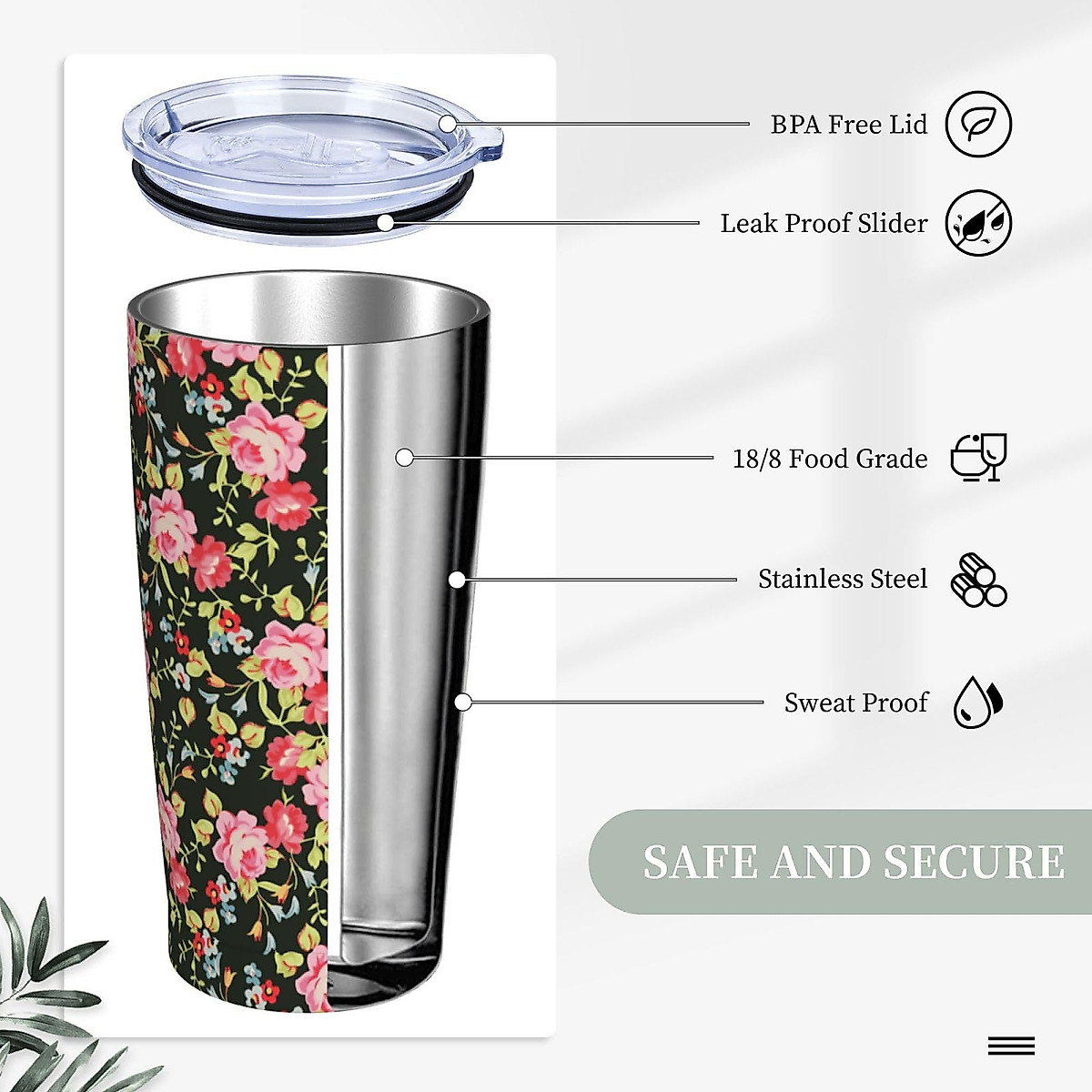 Yaxongx 20oz Tumbler Rose Flower Printing Double Wall Vacuum Insulated Coffee Mug with Lid and Metal Straw Brush Reusable Stainless Steel Water Bottle Travel Cup Gifts for Car Ice Drinks Hot Beverage