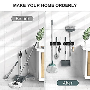 Mop Broom Holder Wall Mounted SUS304 Stainless Steel, HOMEASY Mop Broom Organizer with 2 Installation Methods (No Drilling & Screw Drilling Installation 2 In 1), Mop Hanger Heavy Duty with Hooks, 2PCS