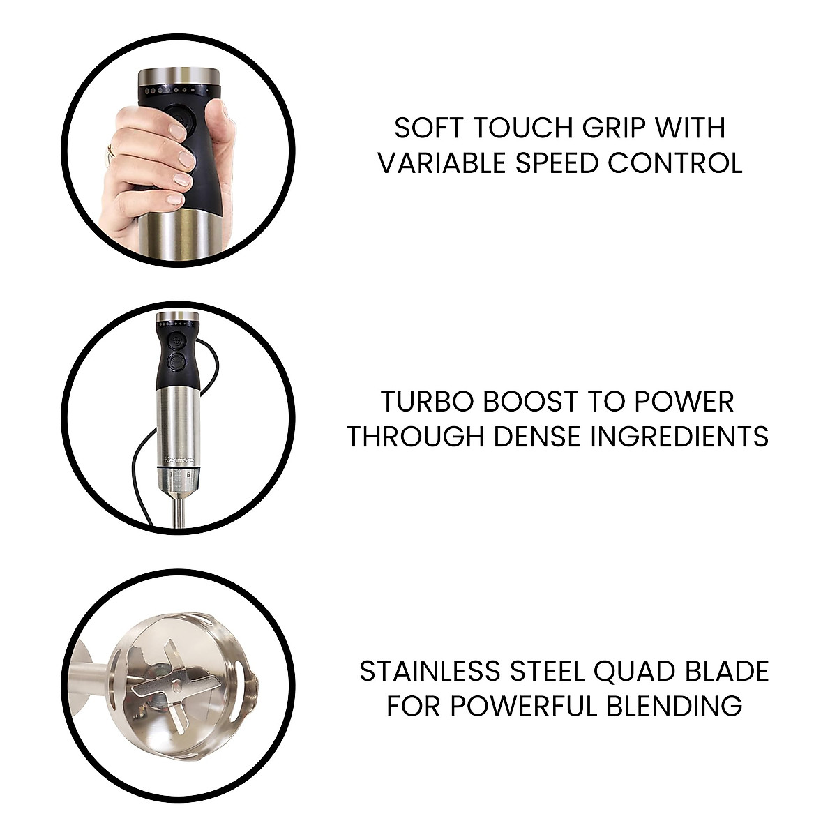 Kenmore Immersion Hand Blender Mixer Variable Speed Blender Handheld Blending Stick Smoothie Food Chopper Whisk 700mL Beaker Lid Baby Food Red Sauces Puree Soup Quad Blade Kitchen Black Silver