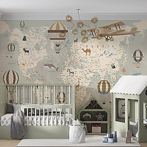 Kids Wallpaper World Map with Animals Wall Mural Removable Peel and Stick Wall Murals for Girls Boys Kids Waterproof Wallpaper Room Bedroom Living Room Self Adhesive Mural Wallpaper Size 78.74x47.24in