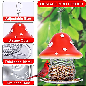 Red Mushroom Solar Bird Feeders - Outdoors Hanging Bird Feeders, Metal Wild Bird Feeder Made of Stainless Steel for Cardinals Bird Seed Feeder Large Capacity birdfeeders is Gift for Mother.