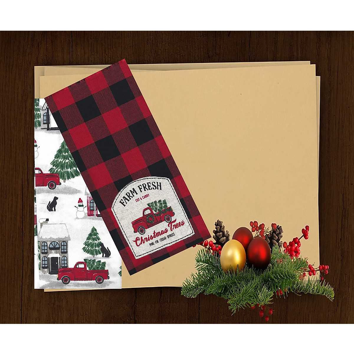 St. Nicholas Square Kitchen Hand Towels, Set of 2, Farm Fresh Christmas Trees Appliqued Embroidery Red Truck, Red and Black Buffalo Plaid Flat Cotton Dishtowels for Home Decorating