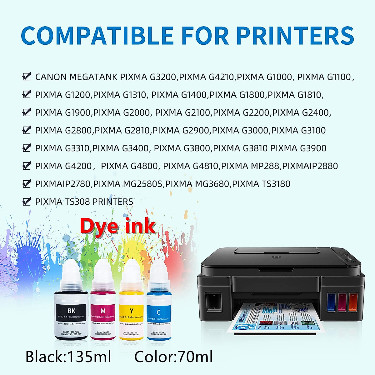 Compatible GI290 Refill Ink Bottles Replacement for Canon PIXMA G1000 G1200 G1800 G2100 G2200 G2400 G2800 G3200 G3600 G3800 G4100 G4600 G4210 megatank Inkjet Printer.1Bk,1C,1M,1Y,